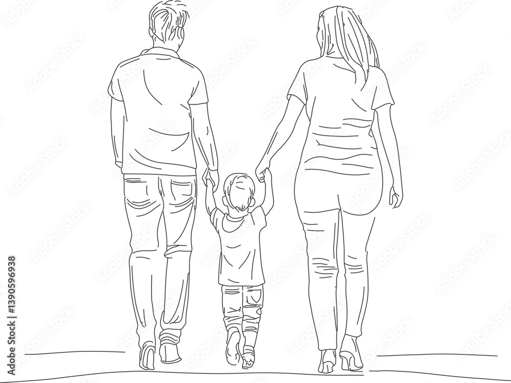 Happy family in continuous line art drawing style. Front view of ...
