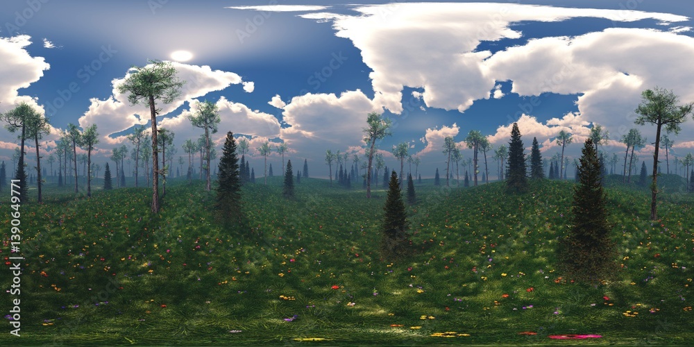 Beautiful flower meadows among the forest, flower hills view, HDRI ...