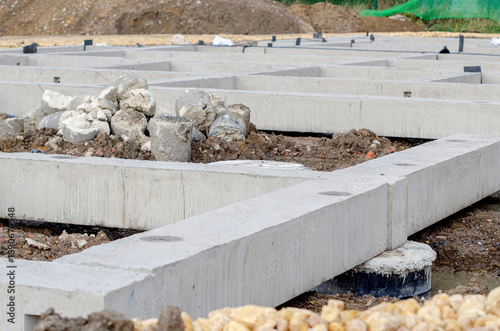 Construction site with concrete foundation made of pre-cast concrete ...