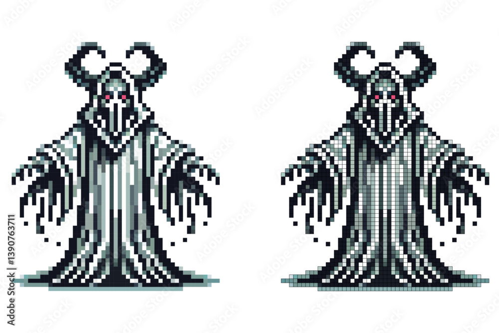 Pixel art dark figure with red glowing eyes curved horns claw-like ...