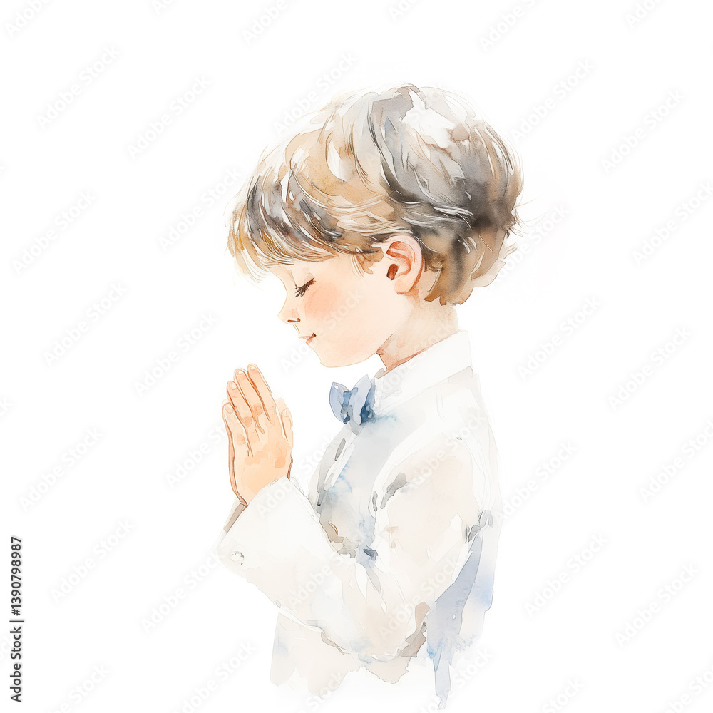 Young Boy Praying at First Holy Communion Watercolor Portrait Isolated ...