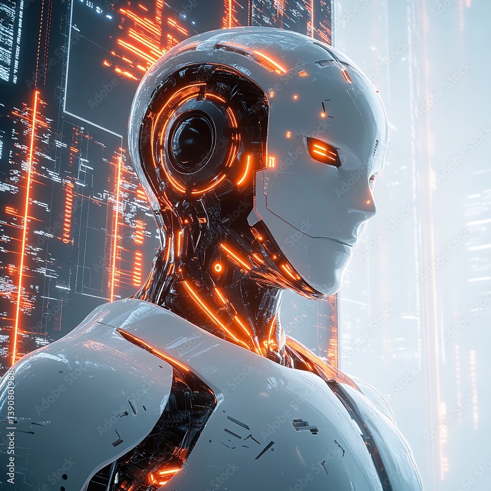 Humanoid robots operating advanced control panels in futuristic command ...