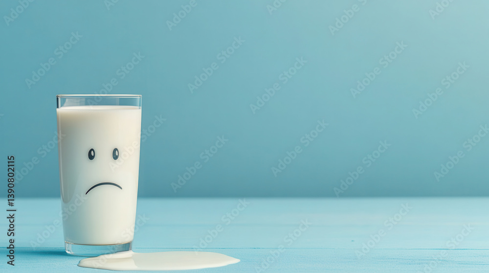 Spilled glass of milk with a sad face emoji in dramatic lighting ...