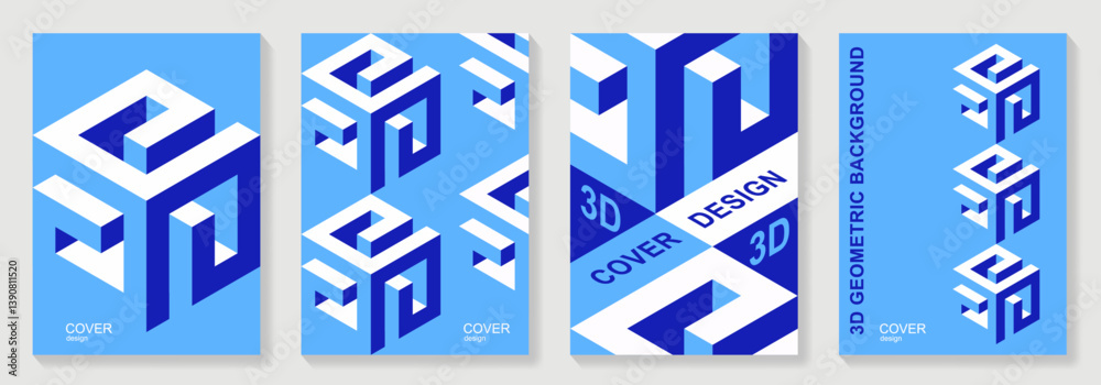 Abstract 3d geometric poster background vector set. Blue minimalist ...