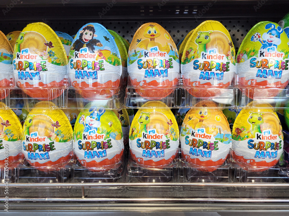Chisinau, Moldova- April 03, 2025: Kinder chocolate eggs in boxes ...