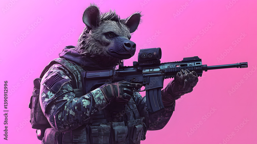 Special Forces Hyena Holding Rifle on Pastel Background Stock ...