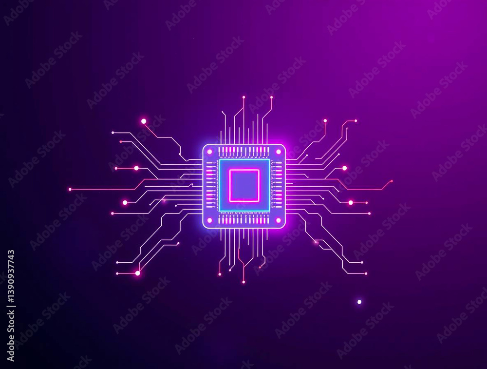 Futuristic quantum computing concept featuring a glowing processor chip and qubit circuits ...