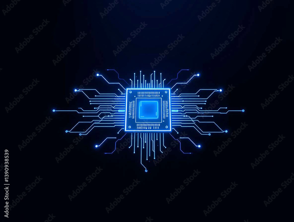 Futuristic quantum computing concept featuring a glowing processor chip and qubit circuits ...