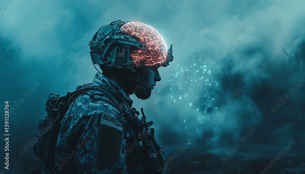 Soldier with advanced neural pathways and glowing brain, military ...