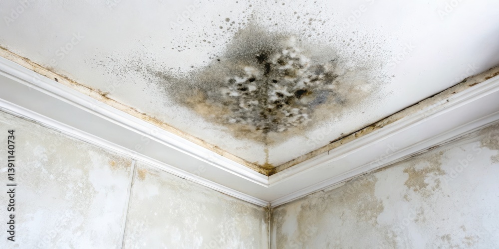 Damp and musty ceiling with black mold growth on a corner, surrounded ...