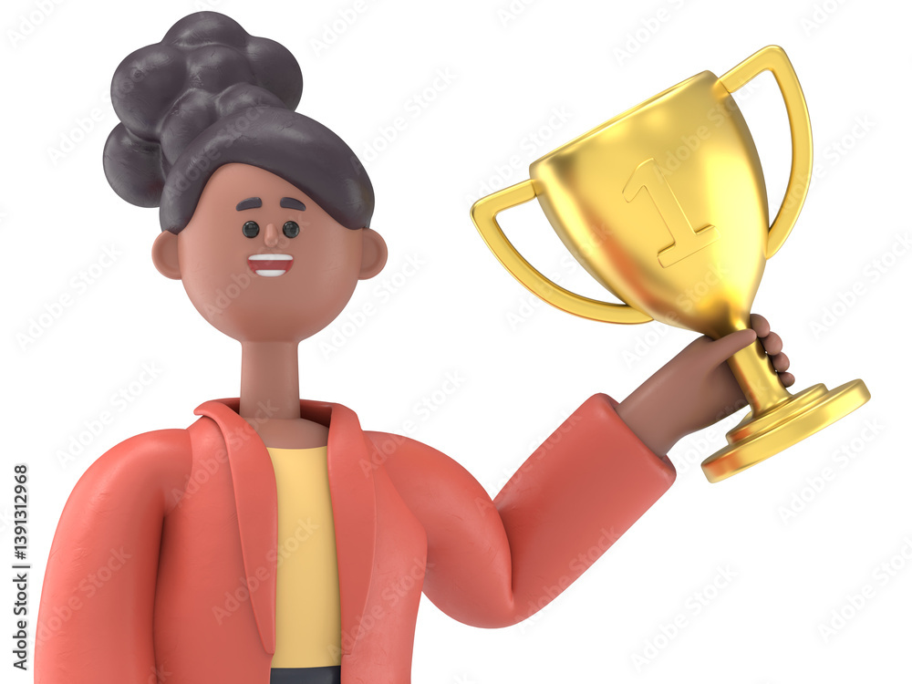 Successful businessman on hand holding trophy and briefcase, celebrates ...