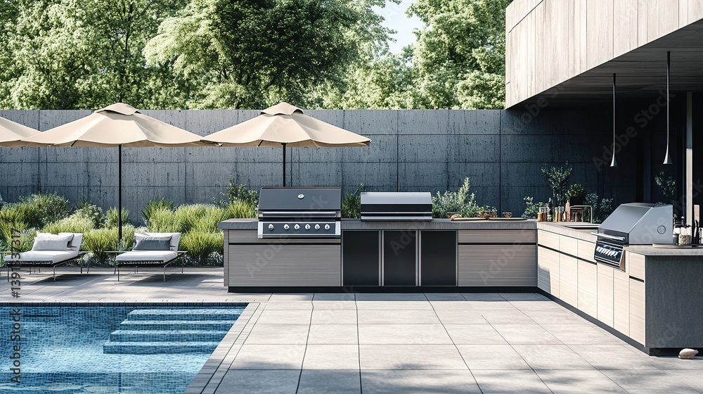 Luxury modern outdoor kitchen with built-in grill and barbecue station ...