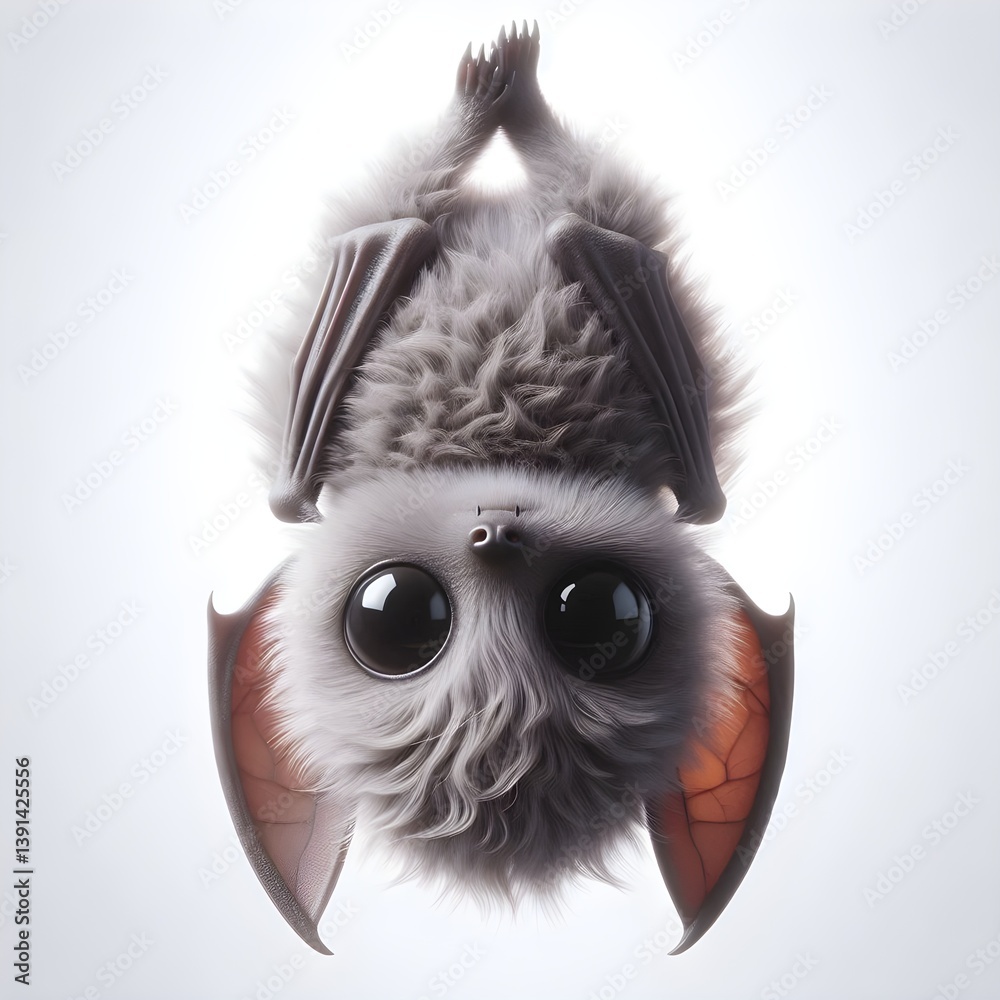 Adorable baby vampire bat with gray fluffy fur and tiny folded wings ...