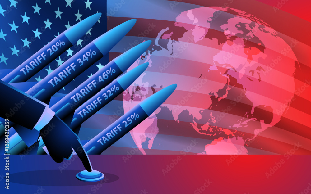 Political hand pressing a button to launch tariff missiles labeled with ...