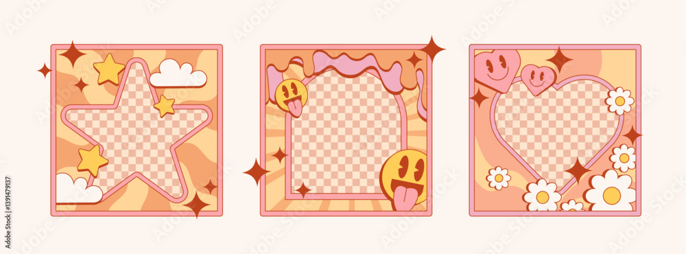 Retro 70s style groovy frames set with psychedelic elements - funky ...