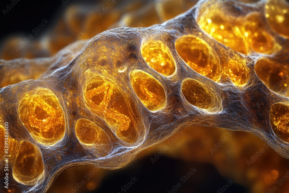 Microscopic view reveals a complex structure with golden fluid-filled ...