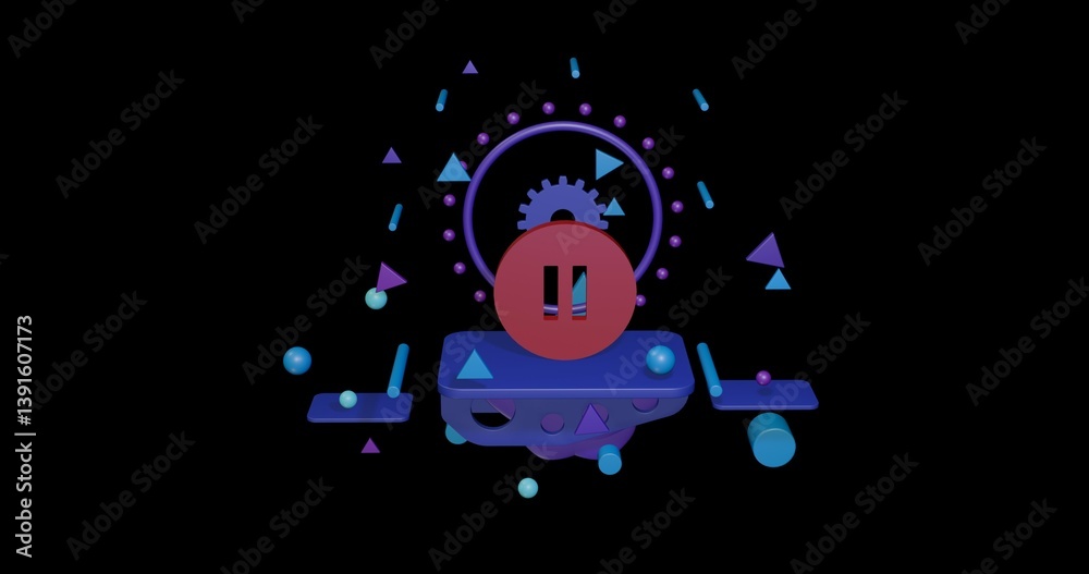 Red pause symbol on a pedestal of abstract geometric shapes floating in ...