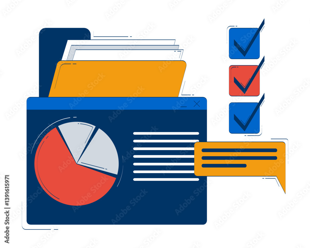 Business Dashboard With Charts Files And Checklist 2d Doodle Object Piechart Text Lines
