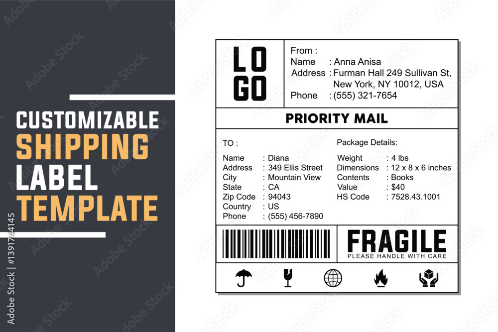 Customizable Shipping Label Template with Fragile Icon, Barcode, and ...