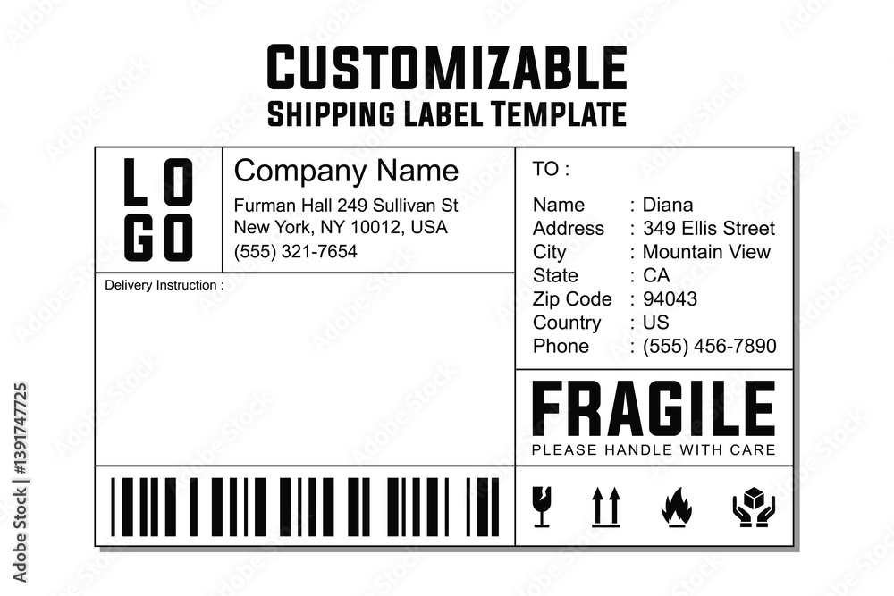 Editable Shipping Label Template with Fragile Warning and Barcode ...