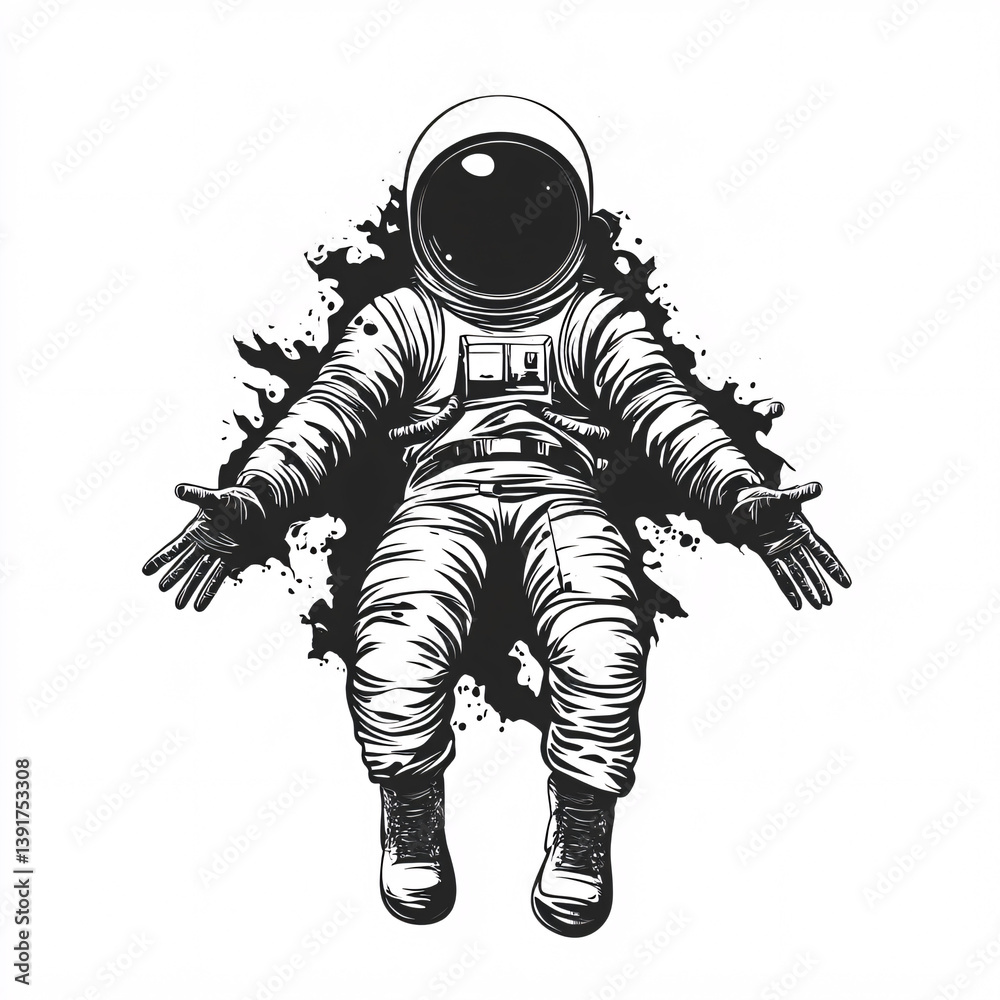 black and white sketch of floating astronaut in space suit with helmet ...
