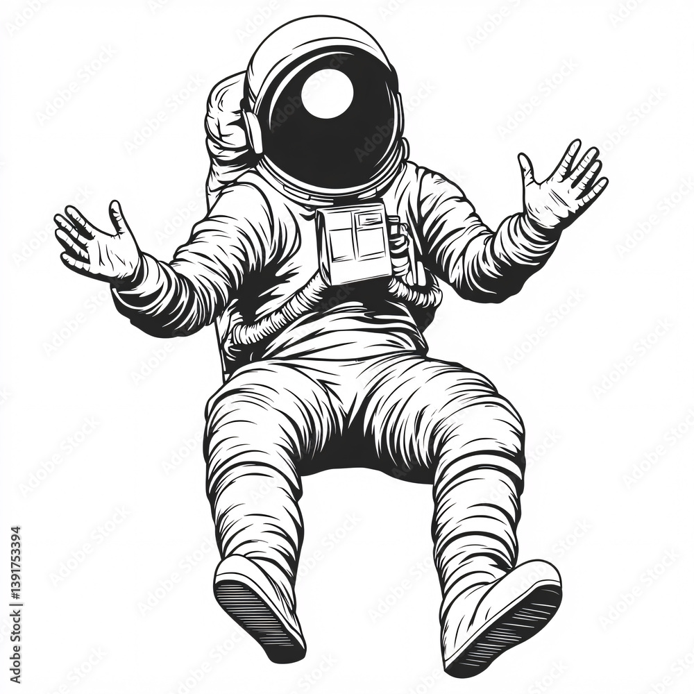 black and white sketch of floating astronaut in space suit with helmet ...