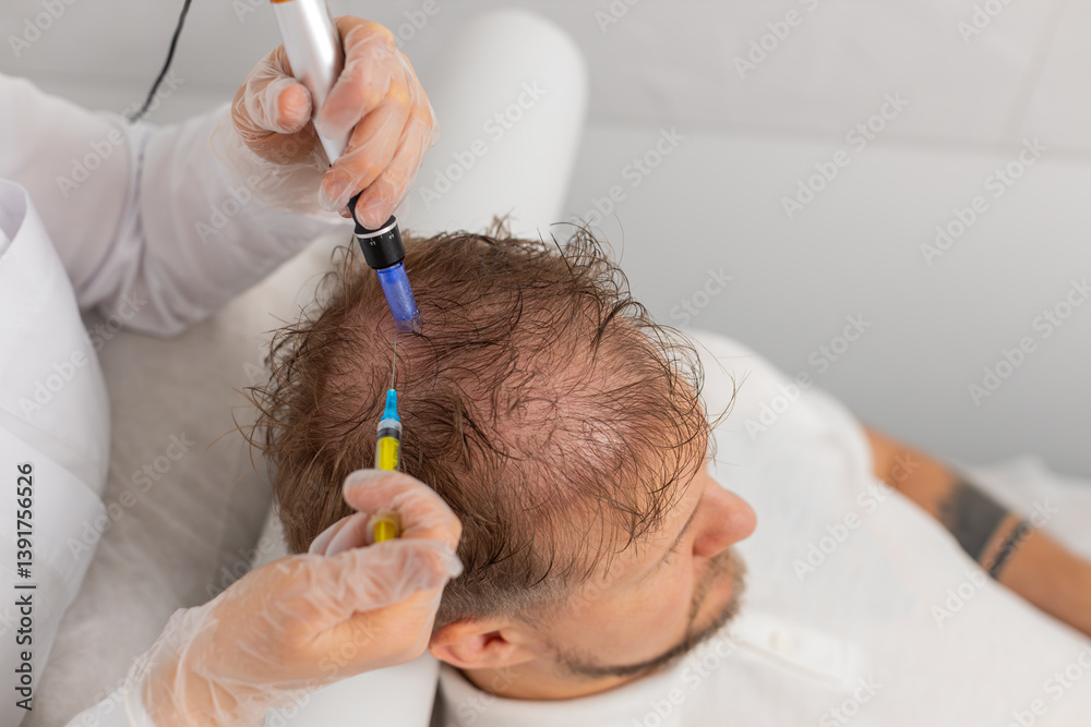 Alopecia. Man hair loss improve growth treatment regeneration, dermapen ...