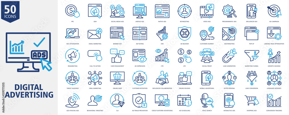 Digital Advertising Icon Set Outline duo tone Style with PPC, SEM ...