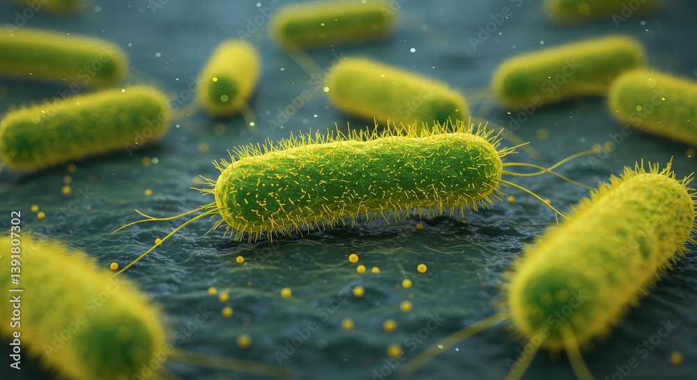 AI image showing colonies of green bacteria on a dark surface ...