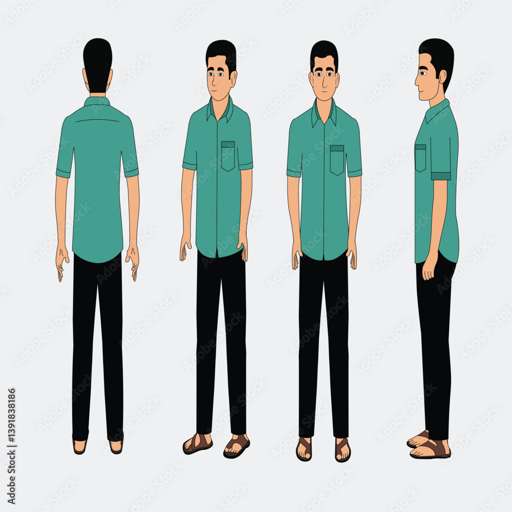 Indian Man Shirt and Pant, Character front, side, back view and ...