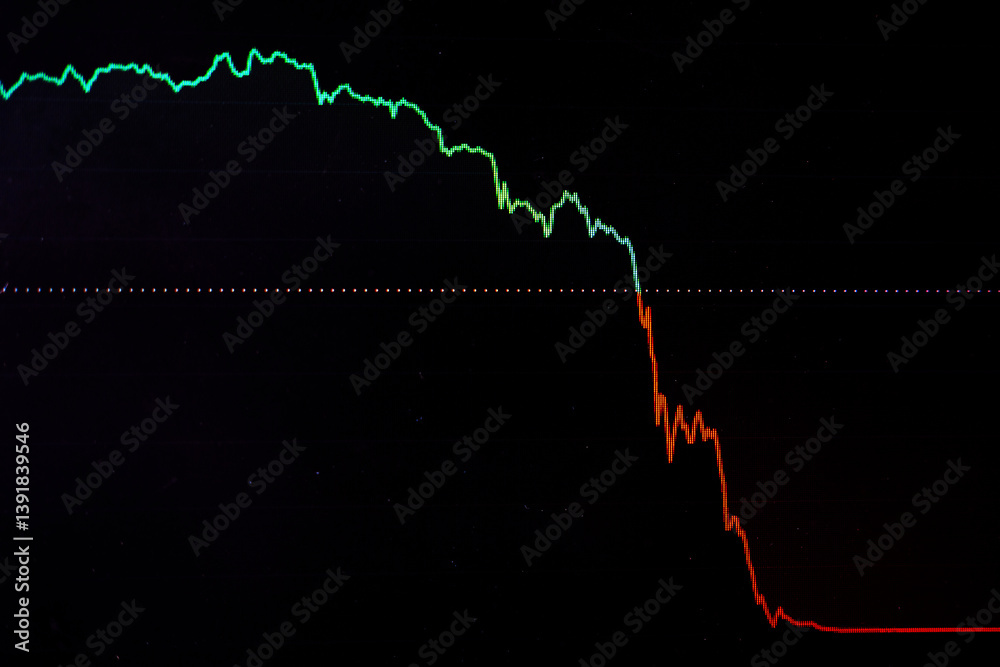 Digital chart showing a sharp downward trend from green to red ...