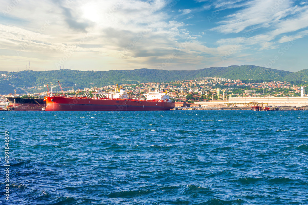 cargo sea port with cranes vehicles, container stacks , supplies and ...