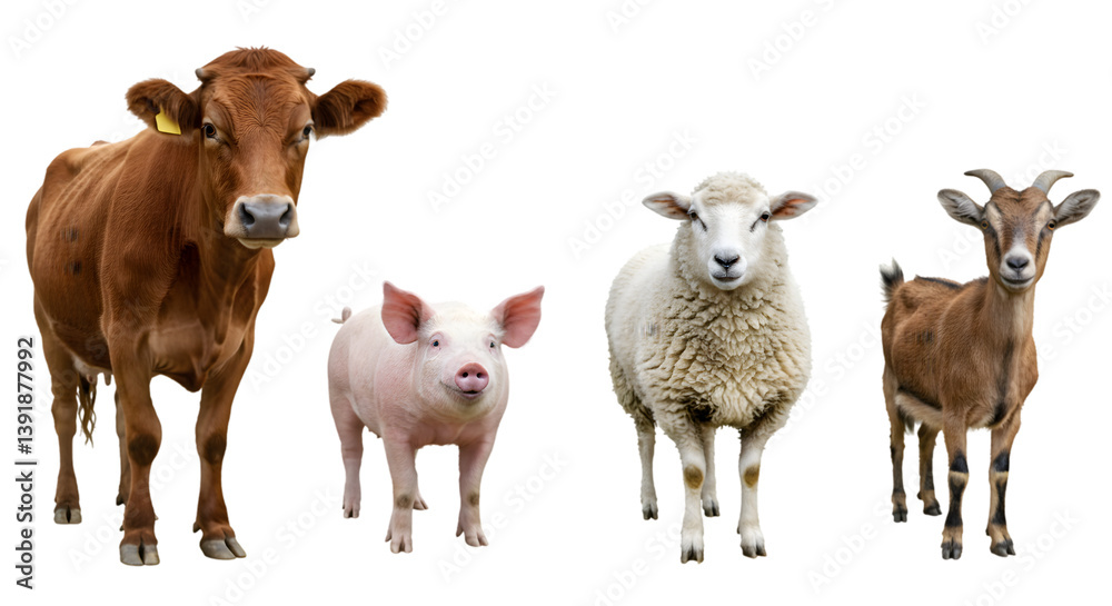 A group of farm animals standing together against a black background ...