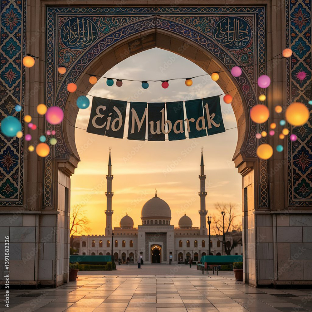 Eid Mubarak Celebration at a Beautiful Mosque with Sunset Stock Photo ...