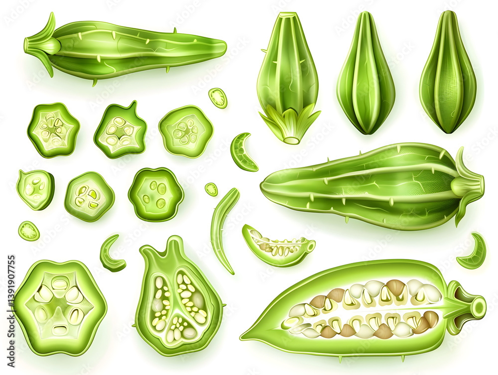 realistic okra pods shown whole and sliced into cross-section rings ...