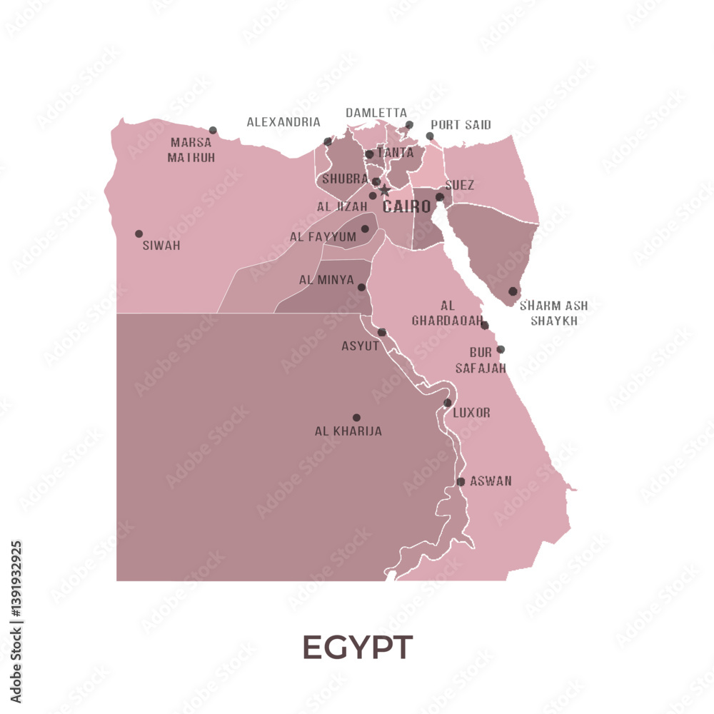 Map of EGYPT with Regions Borders and Famous Cities Stock Vector ...