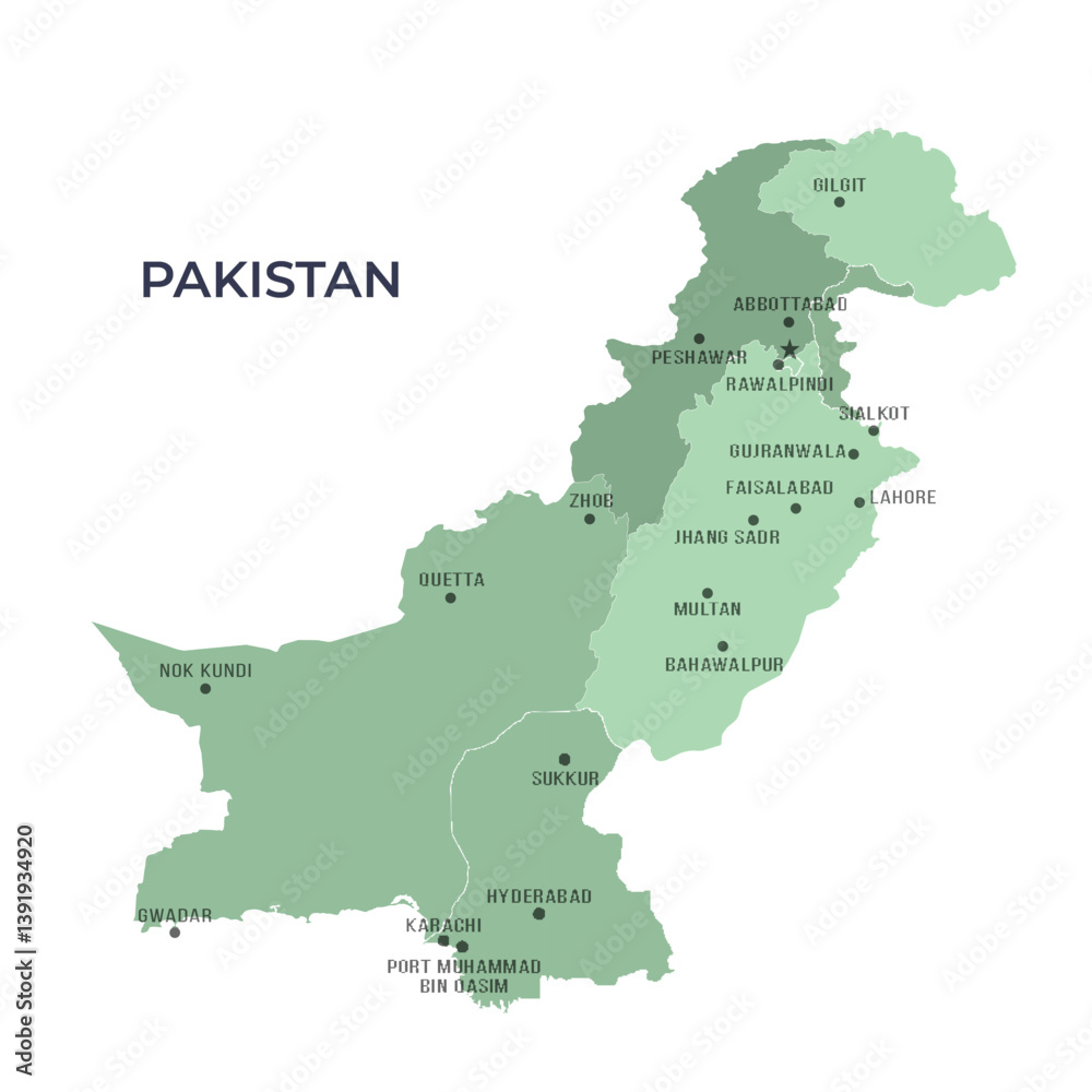 Map of PAKISTAN with Regions Borders and Famous Cities Stock Vector ...