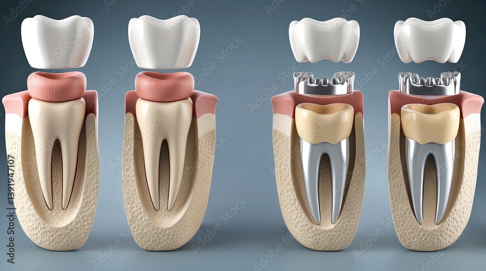 Exploded anatomical diagram showing natural tooth structure and implant ...