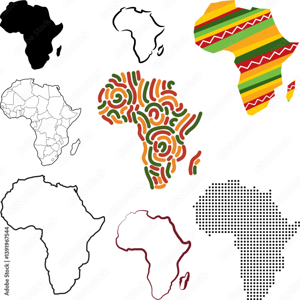 Continent Africa, abstract silhouette set of african map with geometric ...