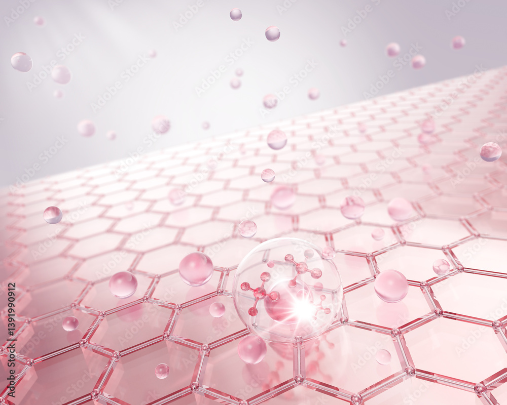 Liquid Bubble Oil with Molecule drop on skin cell.serum through the ...