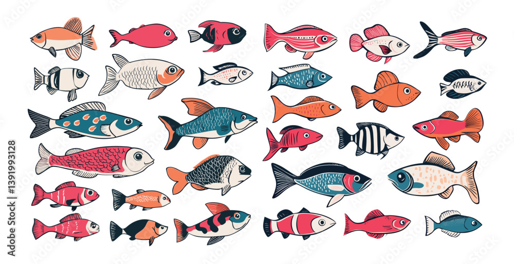 Marine fresh water fish cartoon vector collection. Mackerel tuna ...