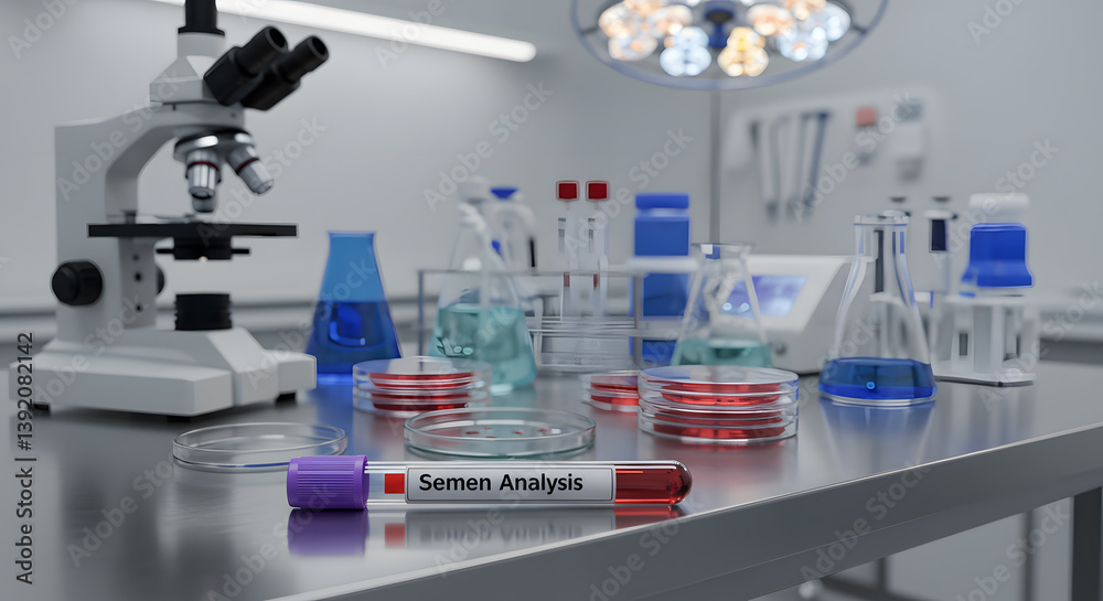 Foto de Stock Medical Laboratory Semen Analysis: Microscope, Test Tubes ...