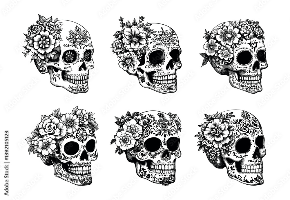 Engraving mexican skulls with flowers. Human head dead bone cranial ...