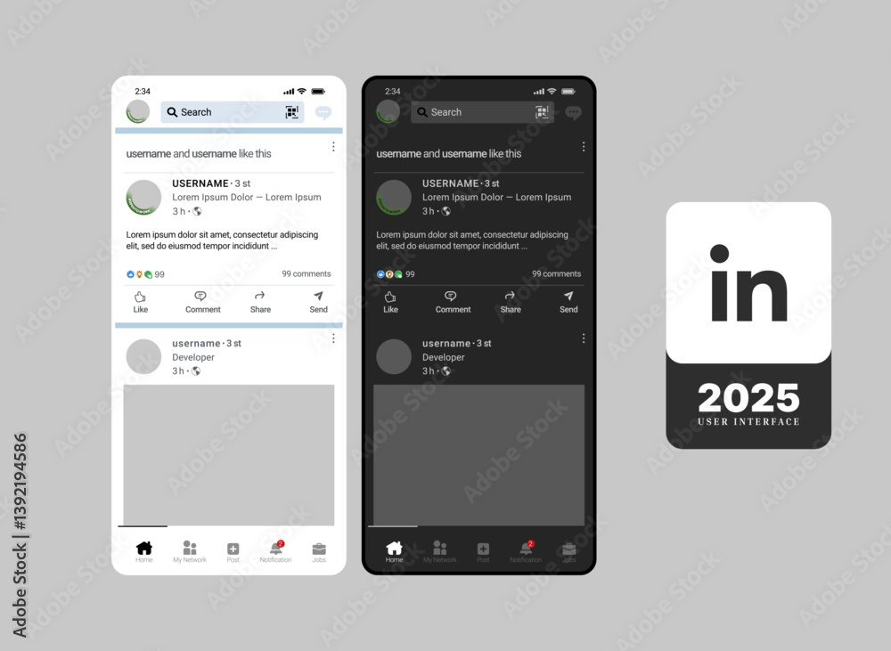 LinkedIn UI mockup template. LinkedIn profile, job feed, and post ...