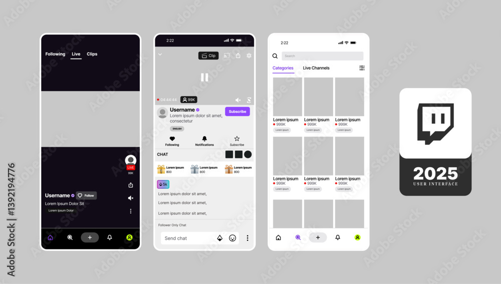 Twitch UI mockup template. Twitch live streaming interface with chat ...