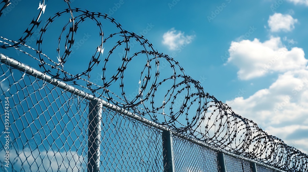 Razor Wire Atop Chain Link Fence Against Blue Sky with Clouds View ...