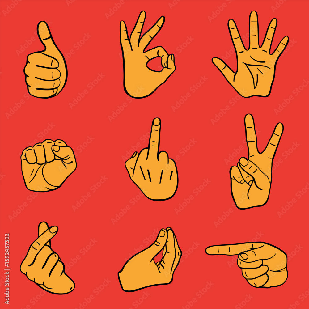 Vector cartoon hands set on red. Yellow hand gestures – thumbs up, OK ...
