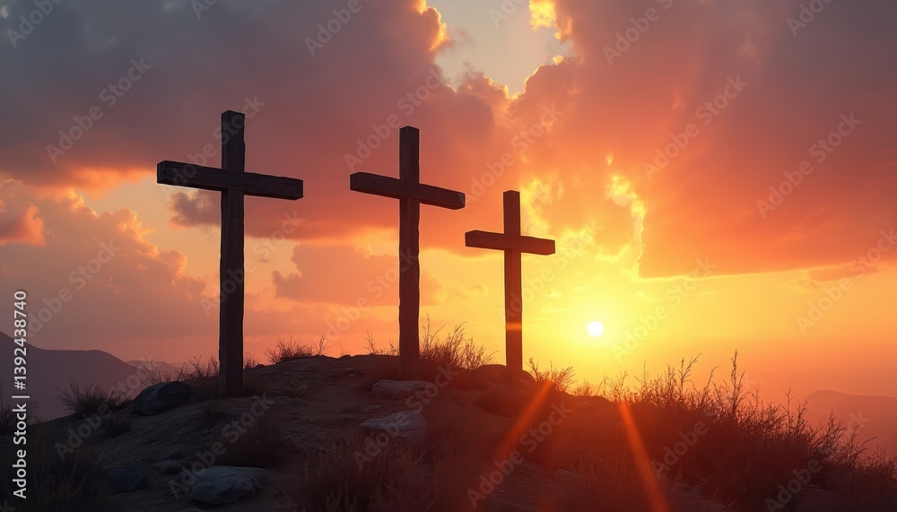 Three crosses silhouette on hill at sunset. Jesus Christ crucifixion ...