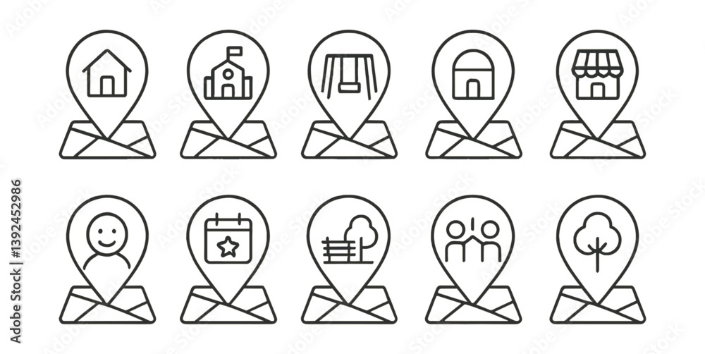 Navigation and location icon set: minimalistic pins for maps and guides ...