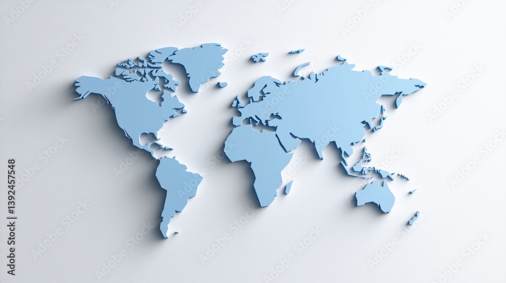 World map illustration in blue color highlighting continents and oceans ...